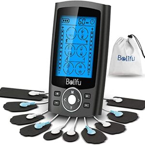 Belifu Dual Channel TENS EMS Unit 24 Modes Muscle Stimulator for Pain Relief Therapy, Electronic Pulse Massager Muscle Massager with 10 Pads, Dust-Proof Drawstring Storage Bag, Fastening Cable Ties