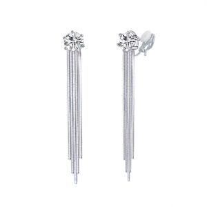 yoqucol 7mm bright cubic zirconia crystal tassel dangle clip on long drop non pierced wedding earrings for women