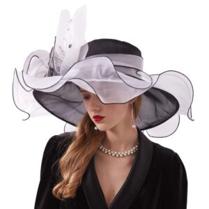 Go Mai Women Kentucky Derby Hat Organza Hats Two Wear Ways,Hat Flower Can Be Used As a Headwear Black White