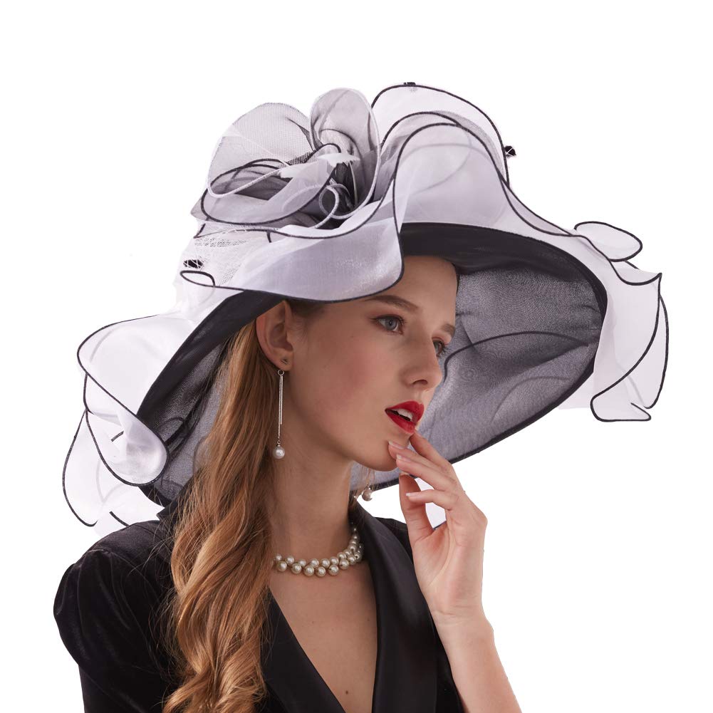 Go Mai Women Kentucky Derby Hat Organza Hats Two Wear Ways,Hat Flower Can Be Used As a Headwear Black White