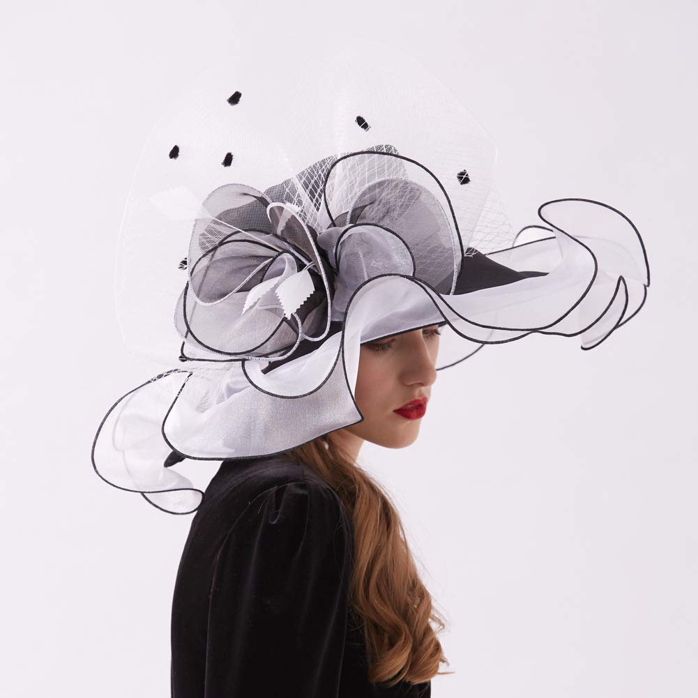 Go Mai Women Kentucky Derby Hat Organza Hats Two Wear Ways,Hat Flower Can Be Used As a Headwear Black White