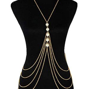 Yomiie Pearl Body Chain Sexy Cross Chest Chain Multilayer Gold Layered Tassels Fashion Pearl Necklace Body Chains Jewelry Hot Bikini Bra Beach Show for Women