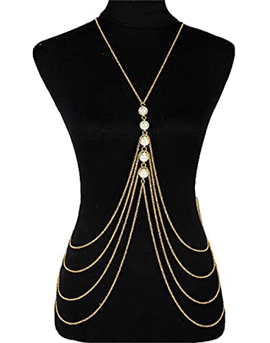 Yomiie Pearl Body Chain Sexy Cross Chest Chain Multilayer Gold Layered Tassels Fashion Pearl Necklace Body Chains Jewelry Hot Bikini Bra Beach Show for Women