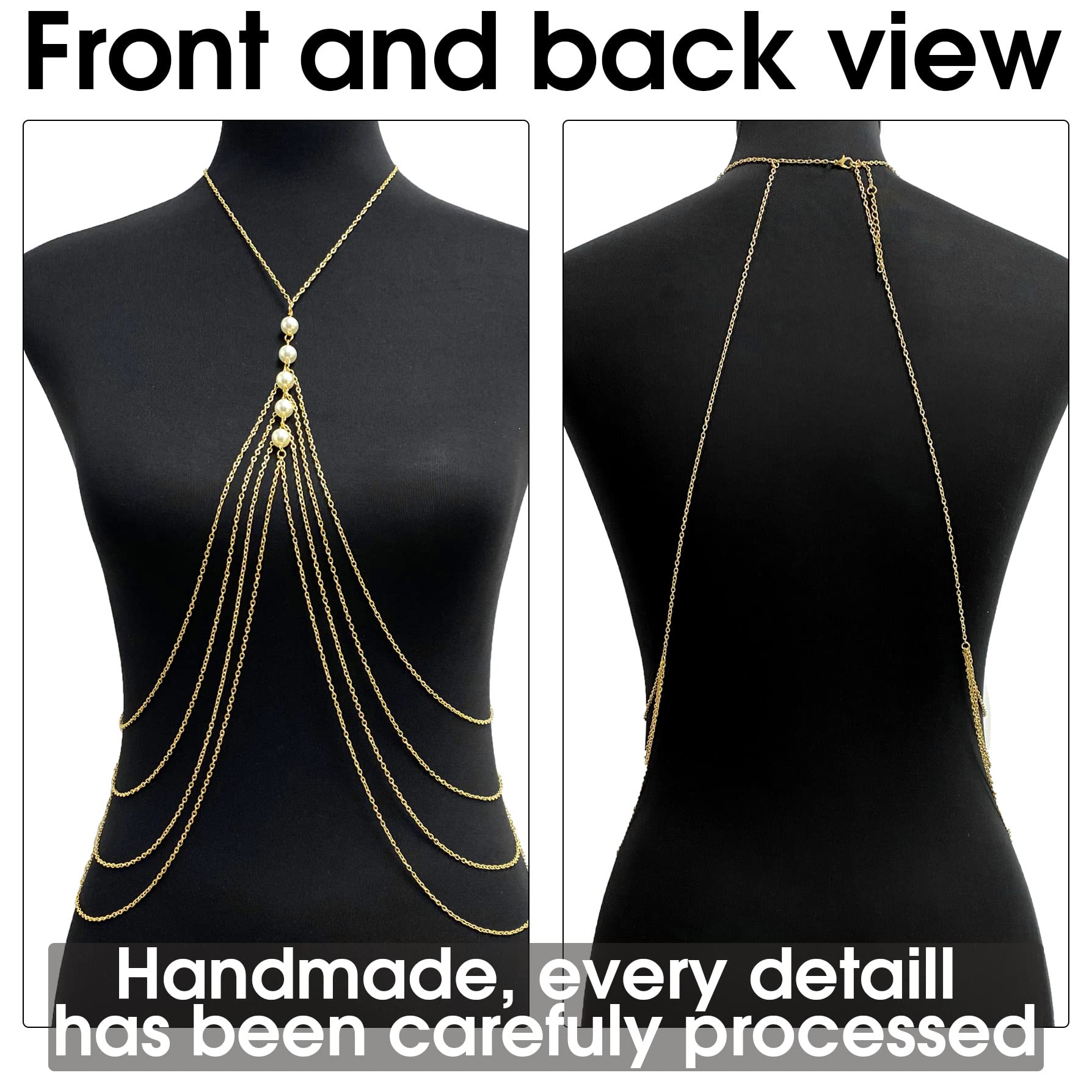 Yomiie Pearl Body Chain Sexy Cross Chest Chain Multilayer Gold Layered Tassels Fashion Pearl Necklace Body Chains Jewelry Hot Bikini Bra Beach Show for Women