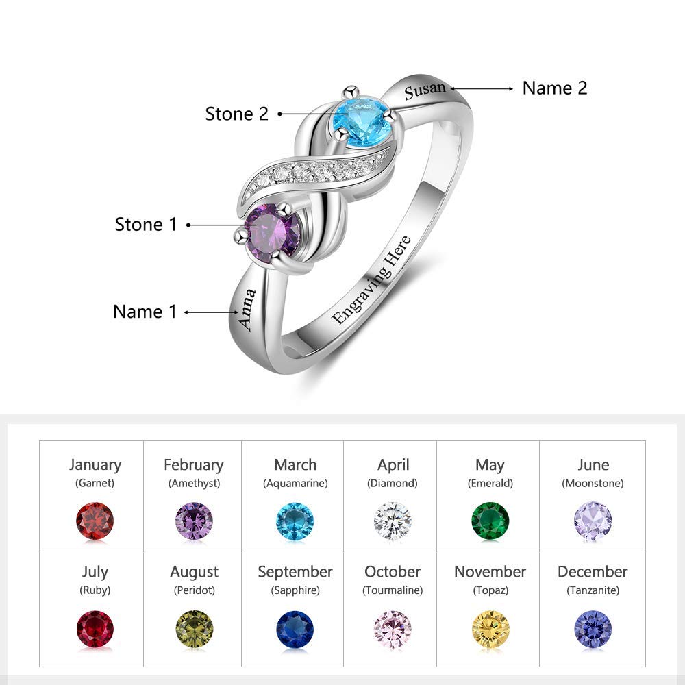 925 Sterling Silver Personalized Infinity Mothers Rings with 2 Round Simulated Birthstones Custom Engraved Engagement Promise Rings for Women (11)