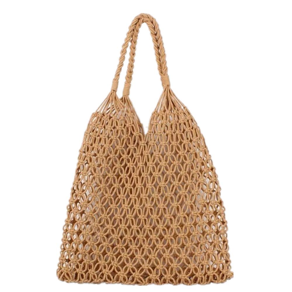 Hixixi Cotton Rope Totes Travel Beach Fishing Net Handbag Shopping Woven Shoulder Bag for Women Girls (Khaki)