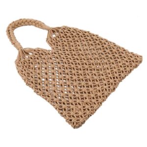 Hixixi Cotton Rope Totes Travel Beach Fishing Net Handbag Shopping Woven Shoulder Bag for Women Girls (Khaki)