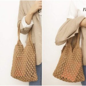 Hixixi Cotton Rope Totes Travel Beach Fishing Net Handbag Shopping Woven Shoulder Bag for Women Girls (Khaki)