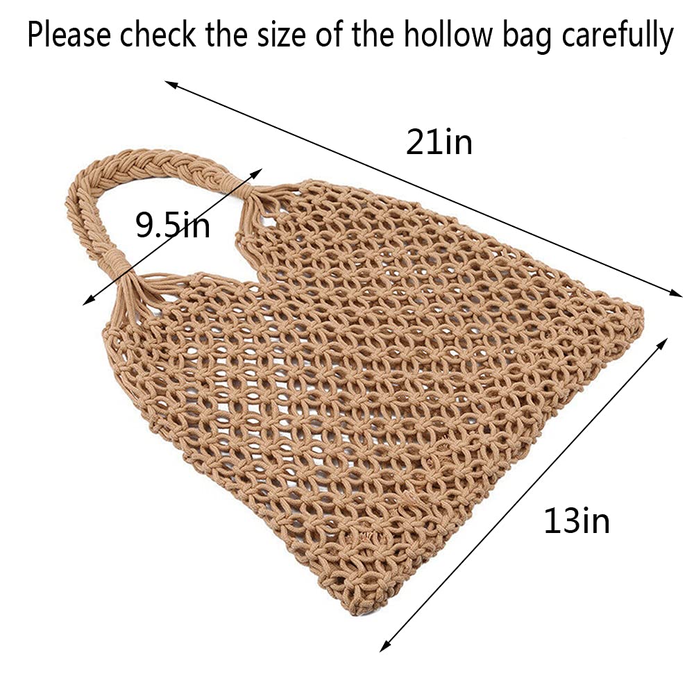 Hixixi Cotton Rope Totes Travel Beach Fishing Net Handbag Shopping Woven Shoulder Bag for Women Girls (Khaki)