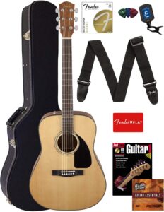 fender cd-60 dreadnought acoustic guitar - natural bundle with hard case, strap, tuner, strings, picks, fender play, instructional book, and austin bazaar instructional dvd