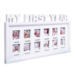 mickyu my first year baby picture frame - first mothers day gifts for new mom - personalized baby gifts monthly milestone frame (white)