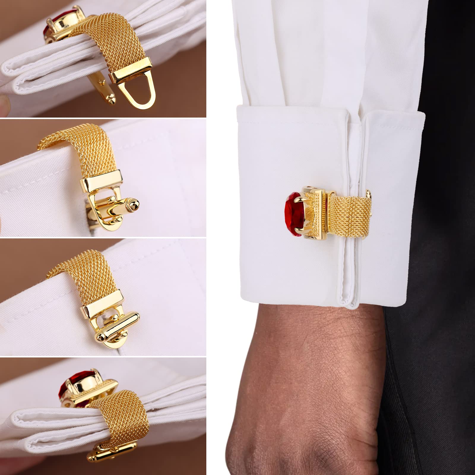 Mens Cufflinks with Chain - Stone and Shiny Gold Tone Shirt Accessories - Party Gifts for Young Men (crystal)