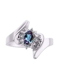 rylos floral designer ring with 6x4mm oval gemstone & sparkling diamonds in sterling silver- birthstone alexandrite jewelry size 7