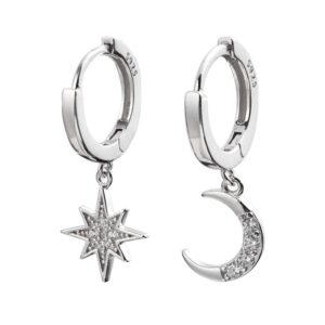 cz moon star dangle small hoop earrings for women girls sterling silver with charms crystal asymmetrical snowflake crescent drop mini cartilage clip jewelry delicate fashion birthday gifts best friend