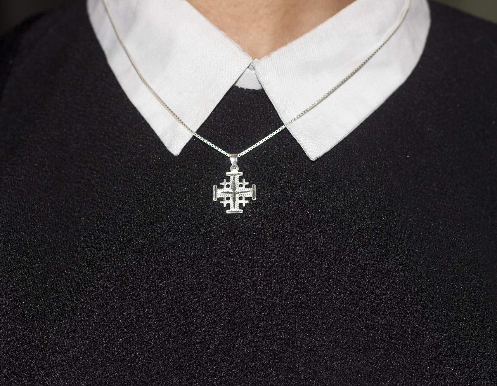 Sterling Silver (925) Jerusalem Crusader's cross Pendant Handcrafted in the Holy Land. Engraved by diamond cutting machine.