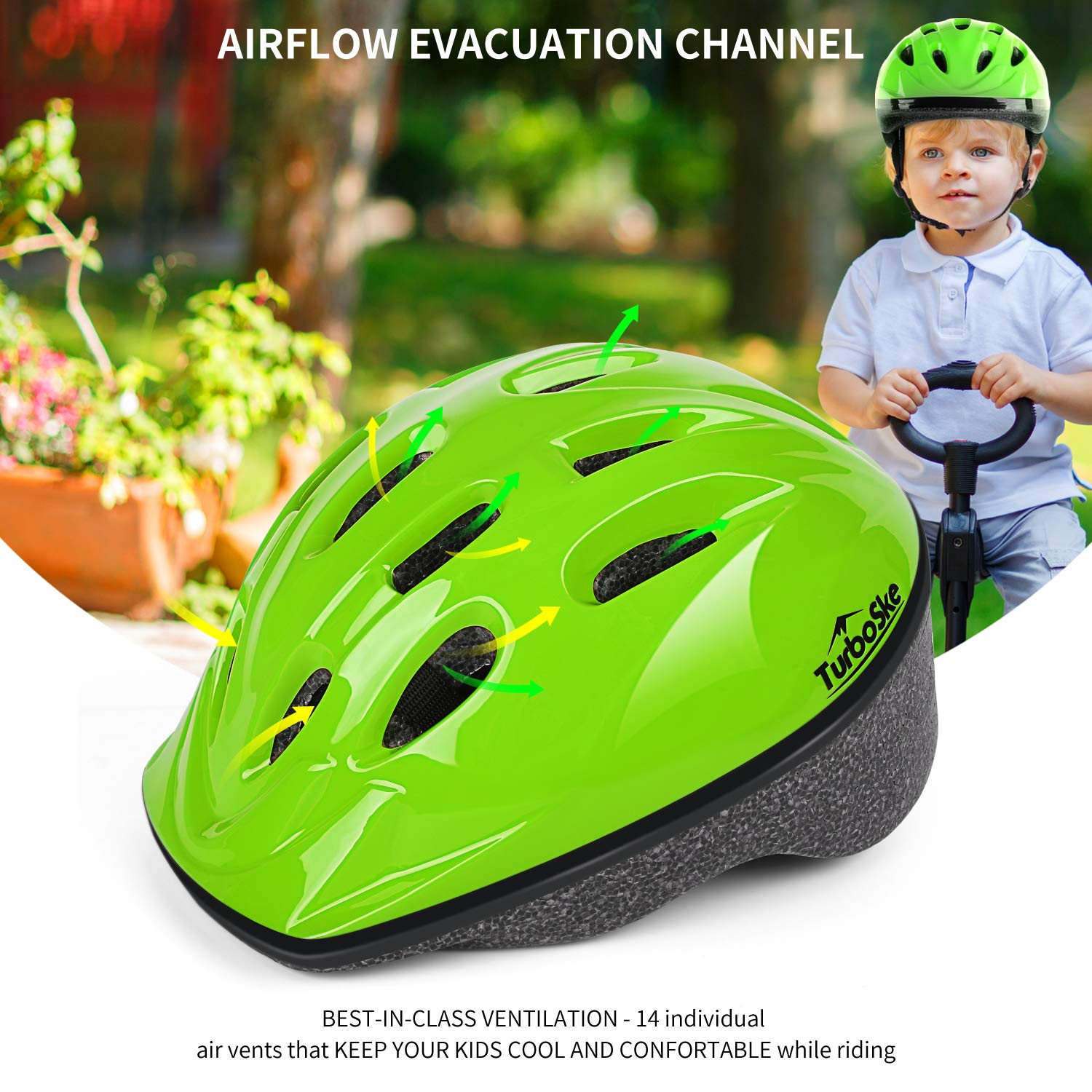 TurboSke Toddler Kids Bike Helmet, Multi-Sport Helmet Size Adjustable for boys and girls (Glossy Lime Green, Small: 48-52cm/18.8"-20.5")