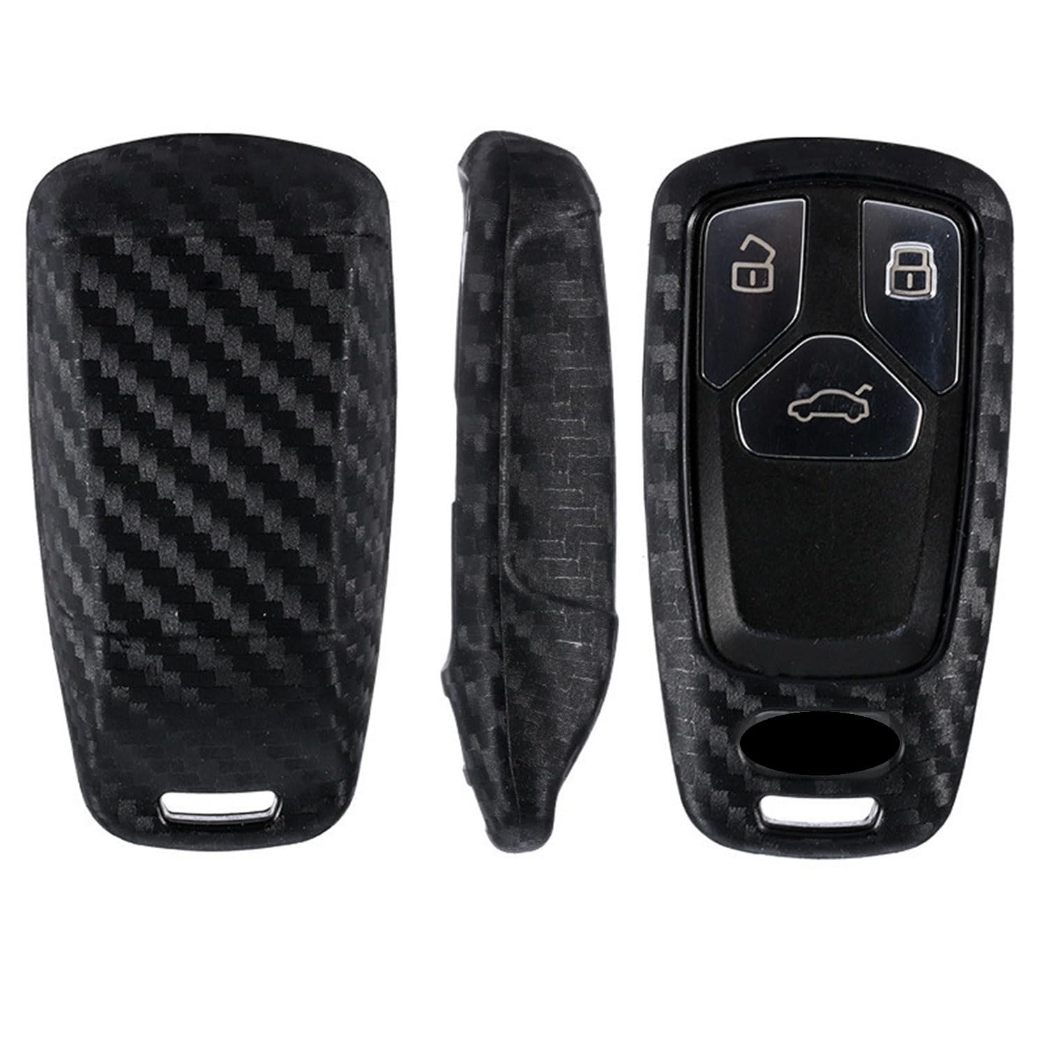 M.JVisun Soft Silicone Rubber Carbon Fiber Texture Case Car Key Fob Cover for Audi A4 A4L A5 A6 A7 A8 Q5 Q7 R8 RS Q3 RS4 RS5 RS7 S4 S5 S6 S7 S8 SQ5 SQ7 TT TTS TT-RS Remote Key - Black - Round Keychain