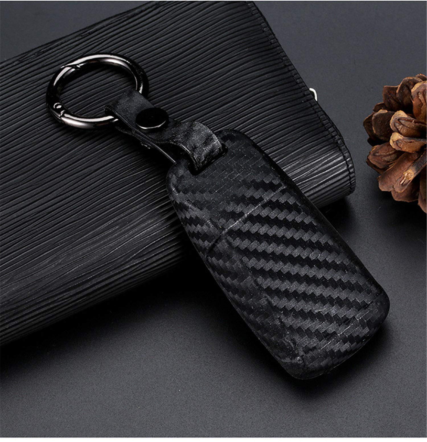 M.JVisun Soft Silicone Rubber Carbon Fiber Texture Case Car Key Fob Cover for Audi A4 A4L A5 A6 A7 A8 Q5 Q7 R8 RS Q3 RS4 RS5 RS7 S4 S5 S6 S7 S8 SQ5 SQ7 TT TTS TT-RS Remote Key - Black - Round Keychain