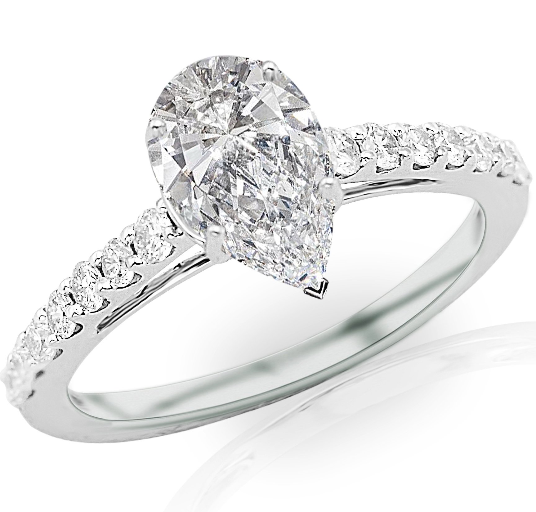 Houston Diamond District 1.25 Ctw Pear Cut Classic Graduating Pave Set 14K White Gold Engagement Ring (H-I Color SI2-I1 Clarity.75 Ct Center