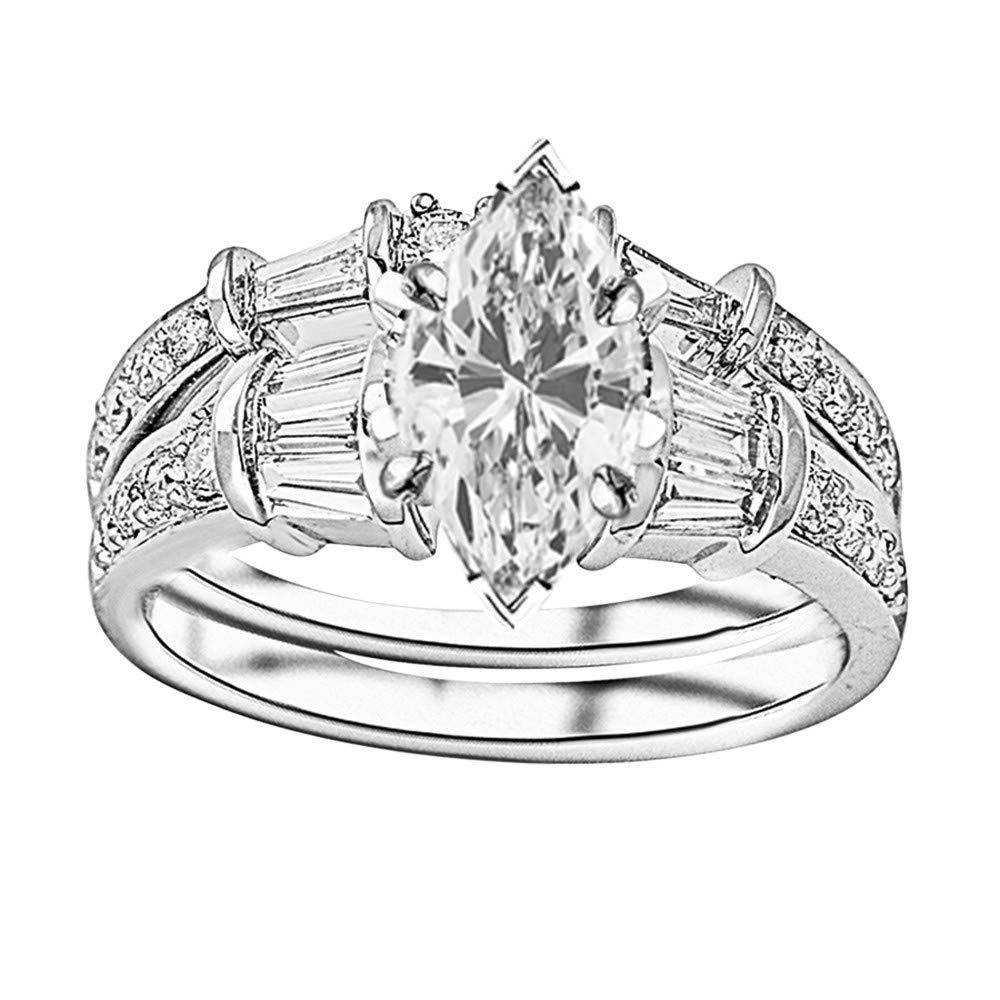 1.75 Ctw Marquise Cut Baguette Round 14K White Gold Diamond Engagement Ring Wedding Bridal Band Set (J-K Color I1-I2 Clarity 1 Ct Center)