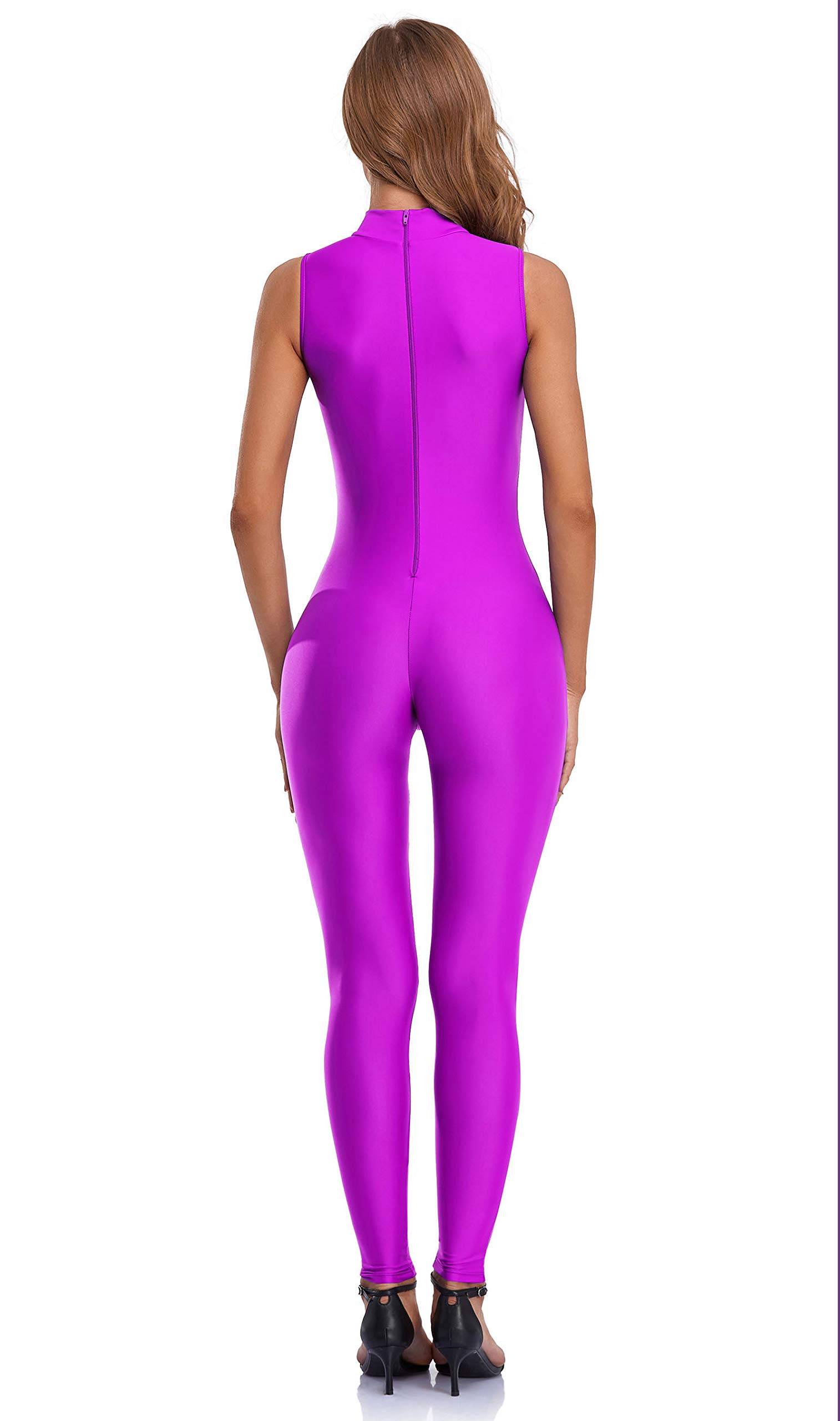 speerise One Piece Bodycon Jumpsuit for Women Sleeveless Spandex Bodysuit Zipper Romper for Club Catsuit, Violet, XS