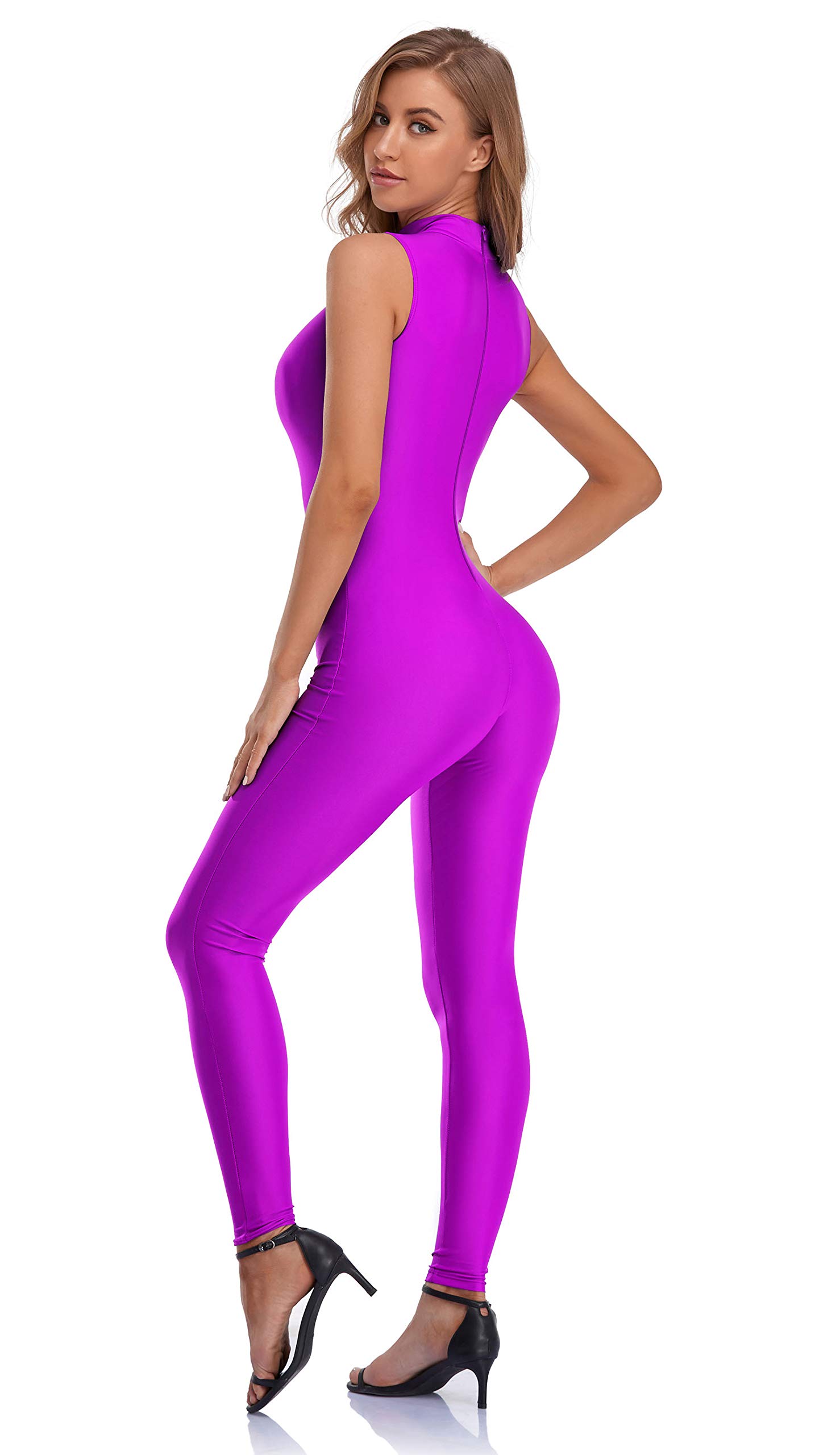 speerise One Piece Bodycon Jumpsuit for Women Sleeveless Spandex Bodysuit Zipper Romper for Club Catsuit, Violet, XS