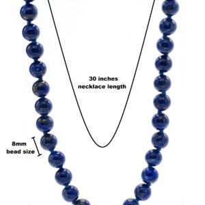 LTC Designs Sterling Silver 8mm Smooth Lapis Lazuli Bead Necklace, 30" for Men, Women, and Teens