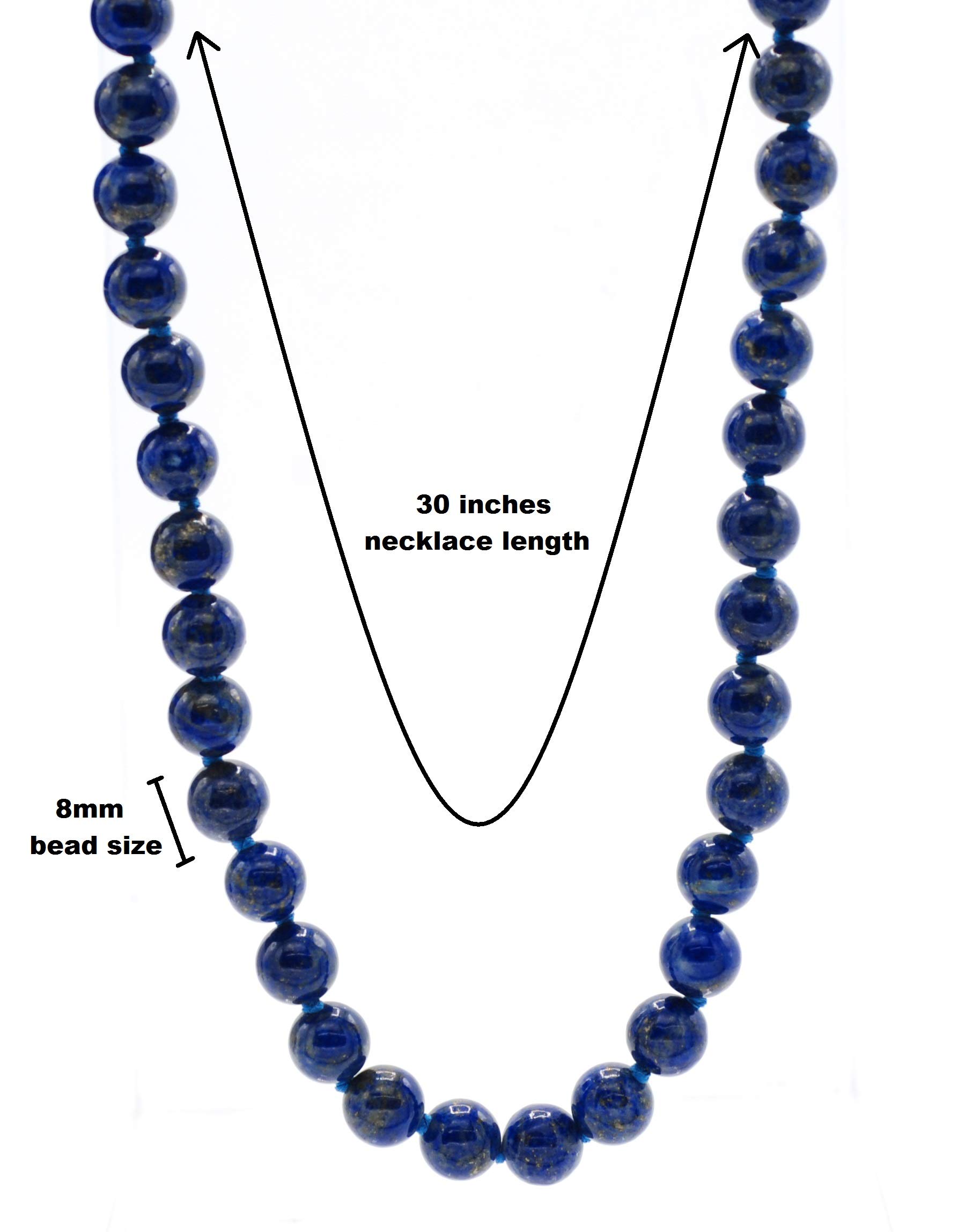 LTC Designs Sterling Silver 8mm Smooth Lapis Lazuli Bead Necklace, 30" for Men, Women, and Teens