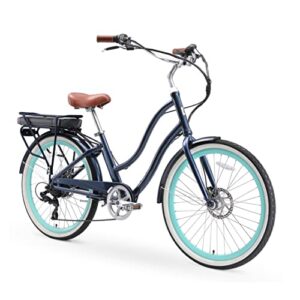 sixthreezero evryjourney women's electric bike, 7-speed step through beach cruiser ebike bicycle, 500 watt motor, 26 inch wheels, navy