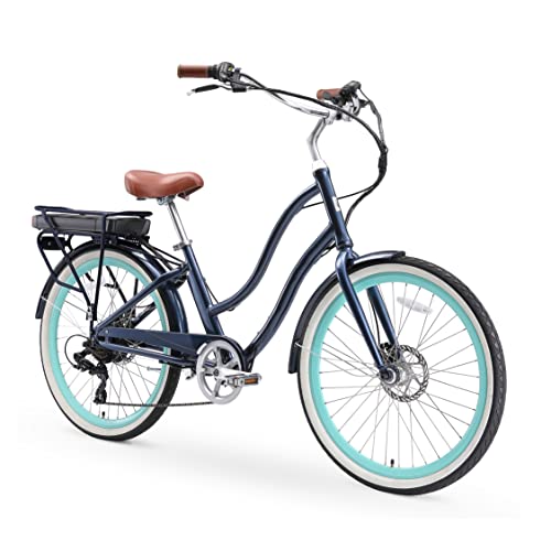 sixthreezero EVRYjourney Women's Electric Bike, 7-Speed Step Through Beach Cruiser eBike Bicycle, 500 Watt Motor, 26 Inch Wheels, Navy