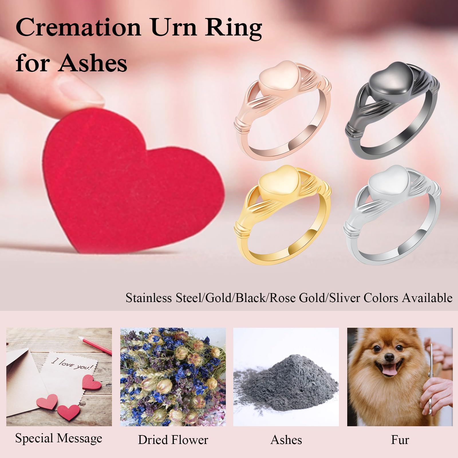 Minicremation Cremation Urn Ring for Ashes for Women Stainless Steel Heart Finger Ring Waterproof Memorial Keepsake Cremation Ring Holds Loved Ones Ashes