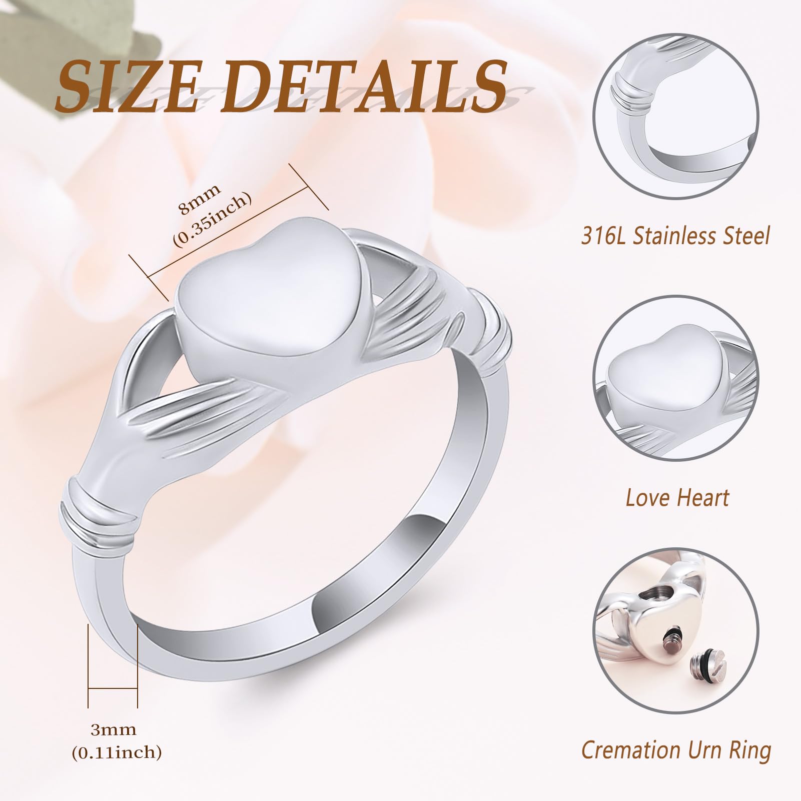 Minicremation Cremation Urn Ring for Ashes for Women Stainless Steel Heart Finger Ring Waterproof Memorial Keepsake Cremation Ring Holds Loved Ones Ashes