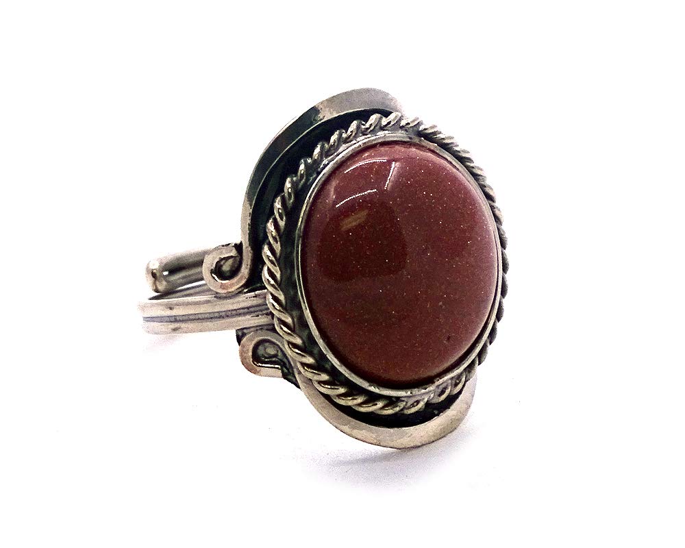 Mia Jewel Shop Round Semi Precious Healing Gemstone Crystal Cabochon Silver Metal Border Adjustable Ring - Womens Natural Fashion Handmade Jewelry Boho Accessories (Dark Orange Goldstone)