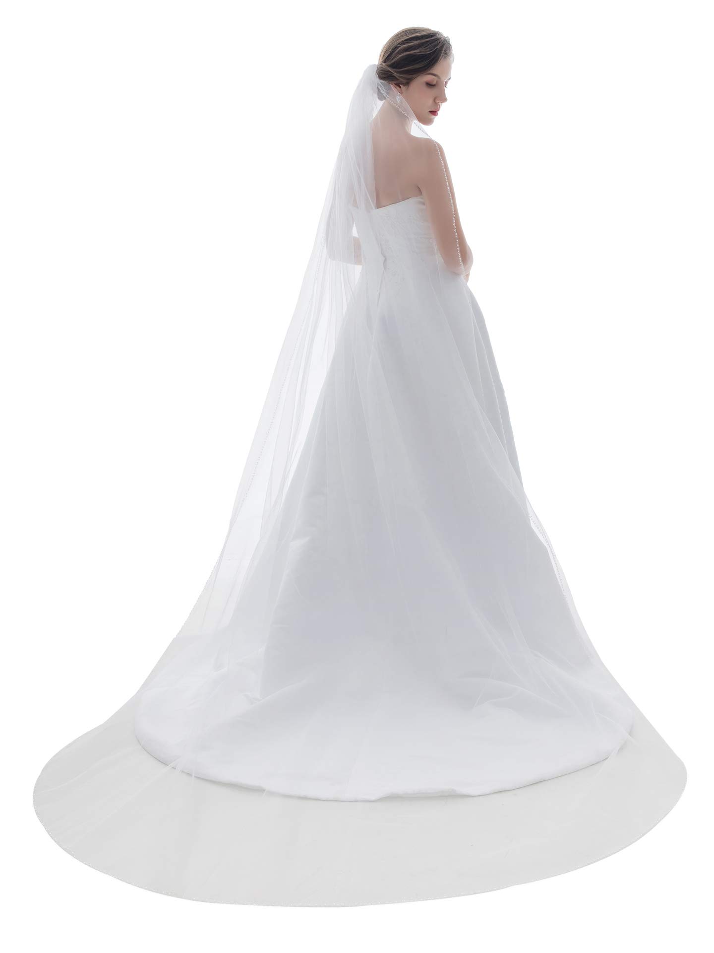 SAMKY 1T 1 Tier Beaded Edge Wedding Veil - White Cathedral Length 108" V119