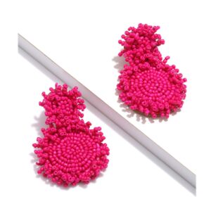 glbcc statement drop earrings for women - bohemian beaded round dangle earrings idea birthday gifts for mom wife friend (hot pink)