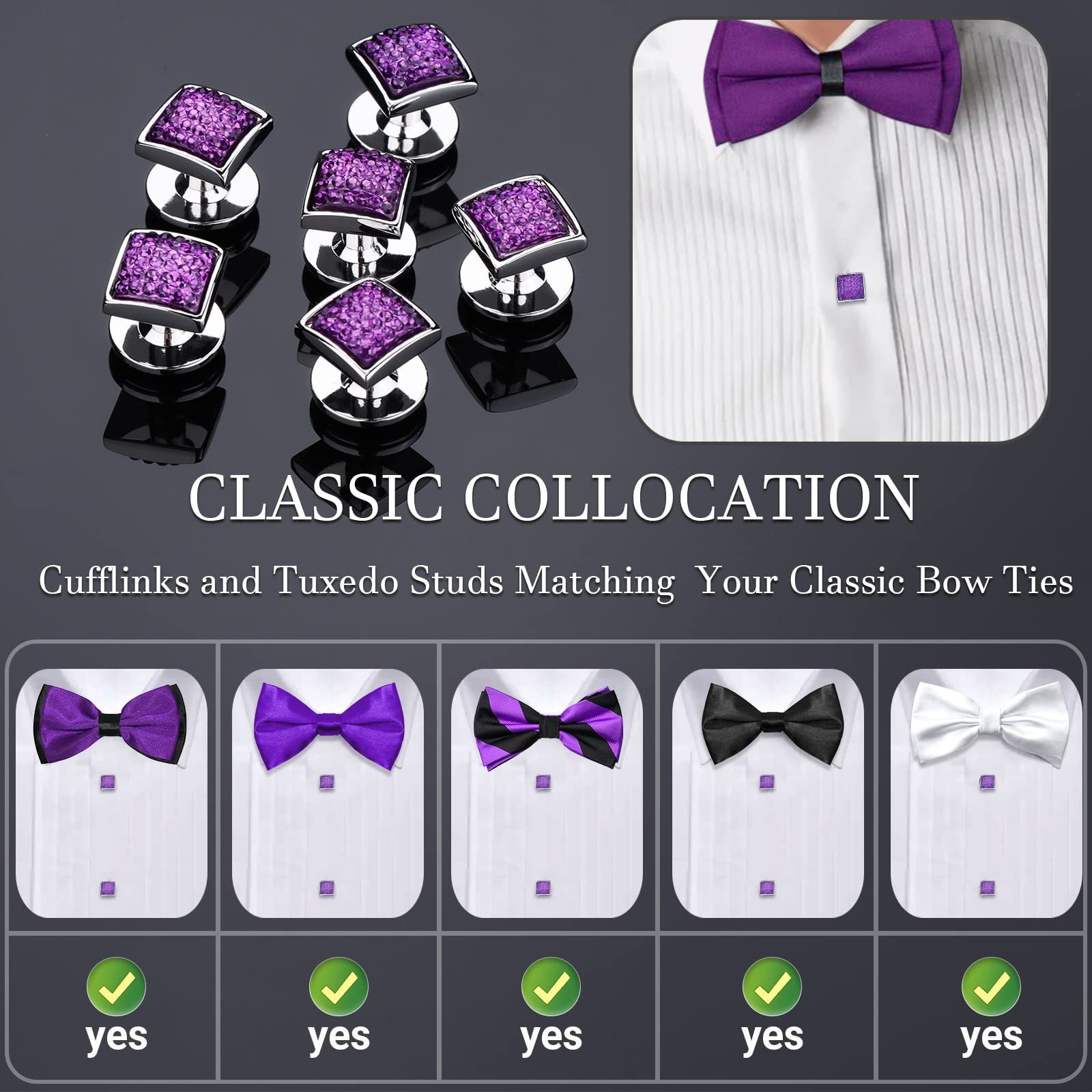 HAWSON Graceful Square Purple Crystal Man Tuxedo Cufflinks Shirt Studs (Purple)