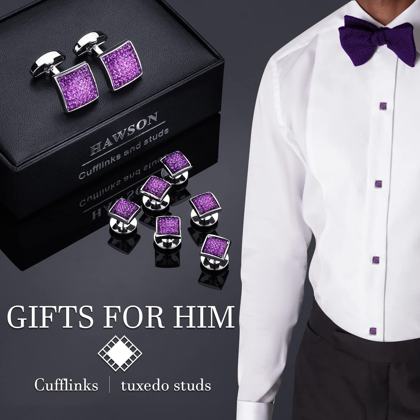 HAWSON Graceful Square Purple Crystal Man Tuxedo Cufflinks Shirt Studs (Purple)