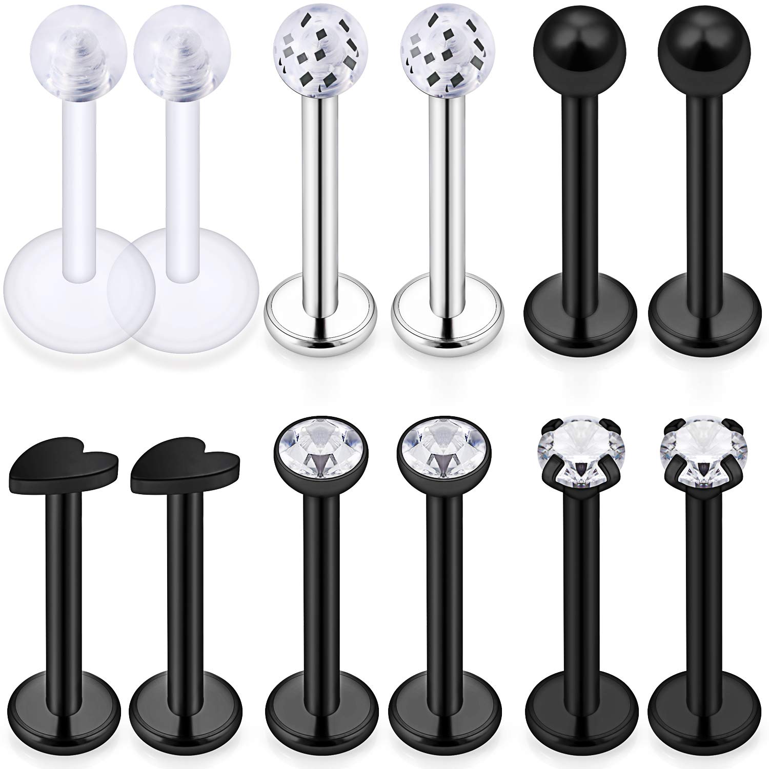 Ftovosyo Forward Helix Earring 16G 8mm Surgical Steel Tragus Cartilage Earrings Stud Barbell Labret Monroe Lip Rings Piercing Jewelry Retainer for Women Men 6 Pairs Black