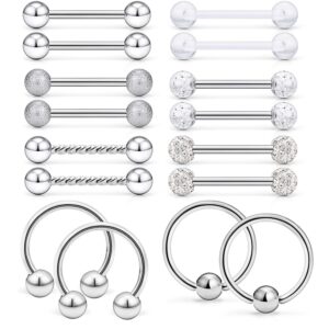 ftovosyo 16pcs nipple ring 14g surgical steel tongue nipplerings barbell bar hoop rings retainer piercing jewelry for women men 14mm (9/16 inch) silver-tone