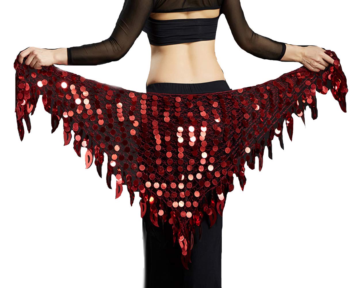 Lauthen.S Women Belly Dance Hip Scarf Sequins Mesh Triangle Wrap Skirt Waist Chain(Wine)