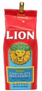 lion coffee chocolate macadamia, ground, light roast, 10 oz. bag with exclusive lion coffee factory direct brand registered sticker, indulgent