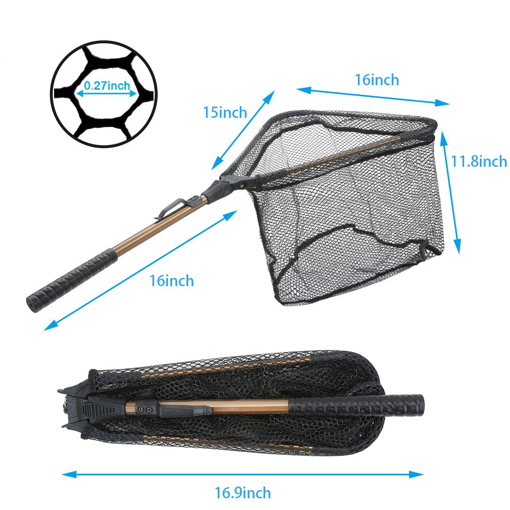 YVLEEN Folding Fishing Net - Foldable Fish Landing Net Robust Aluminum Telescopic Pole Handle and Nylon Mesh 16inch Hoop Size