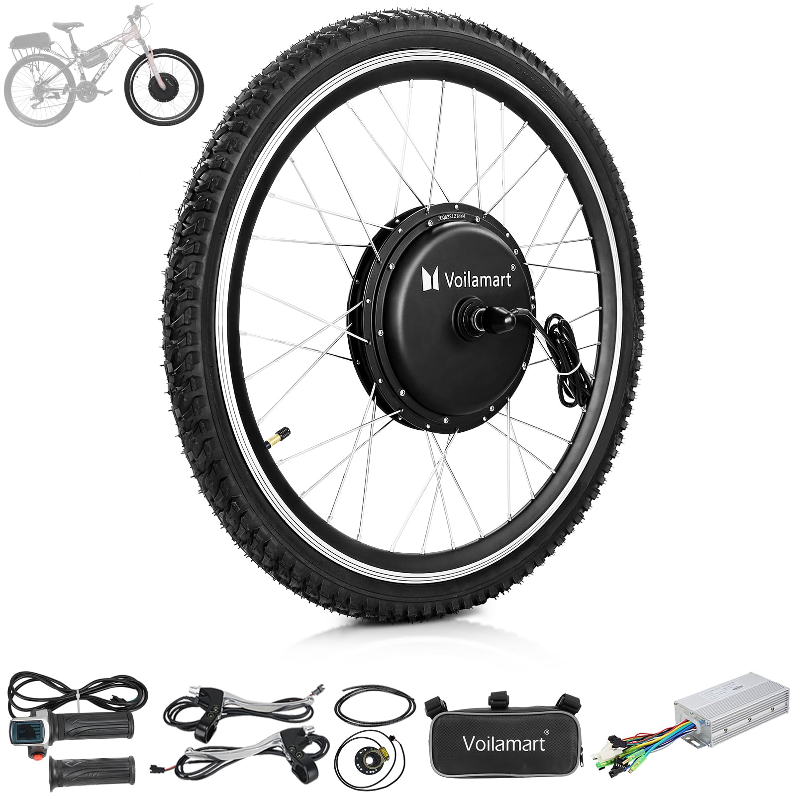 Voilamart Electric Bicycle Wheel Kit 26" Front/Rear Wheel 48V 1000W E-Bike Conversion Kit, Cycling Hub Motor with Intelligent Controller and PAS System for Road Bike(Without Battery) (Front Wheel)