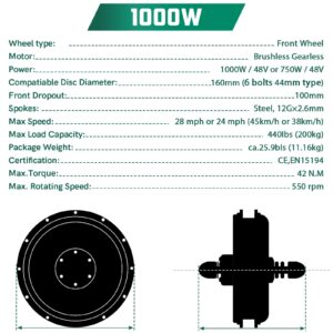 Voilamart Electric Bicycle Wheel Kit 26" Front/Rear Wheel 48V 1000W E-Bike Conversion Kit, Cycling Hub Motor with Intelligent Controller and PAS System for Road Bike(Without Battery) (Front Wheel)