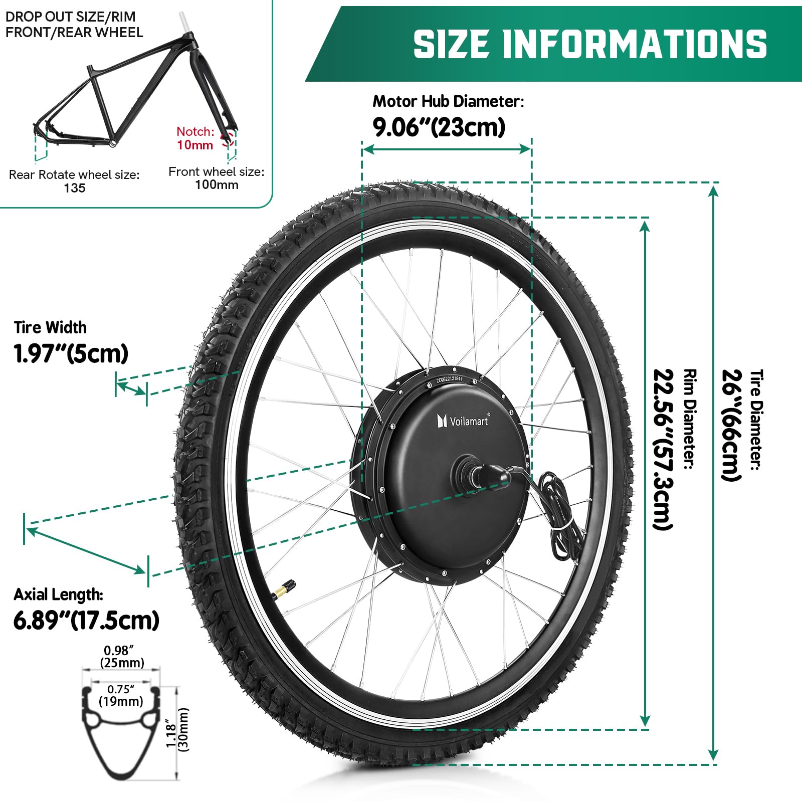 Voilamart Electric Bicycle Wheel Kit 26" Front/Rear Wheel 48V 1000W E-Bike Conversion Kit, Cycling Hub Motor with Intelligent Controller and PAS System for Road Bike(Without Battery) (Front Wheel)