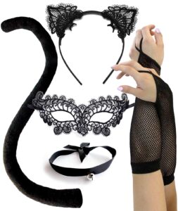 black cat costume for women, halloween masquerade mask, lace ears, gloves, tail, choker necklace