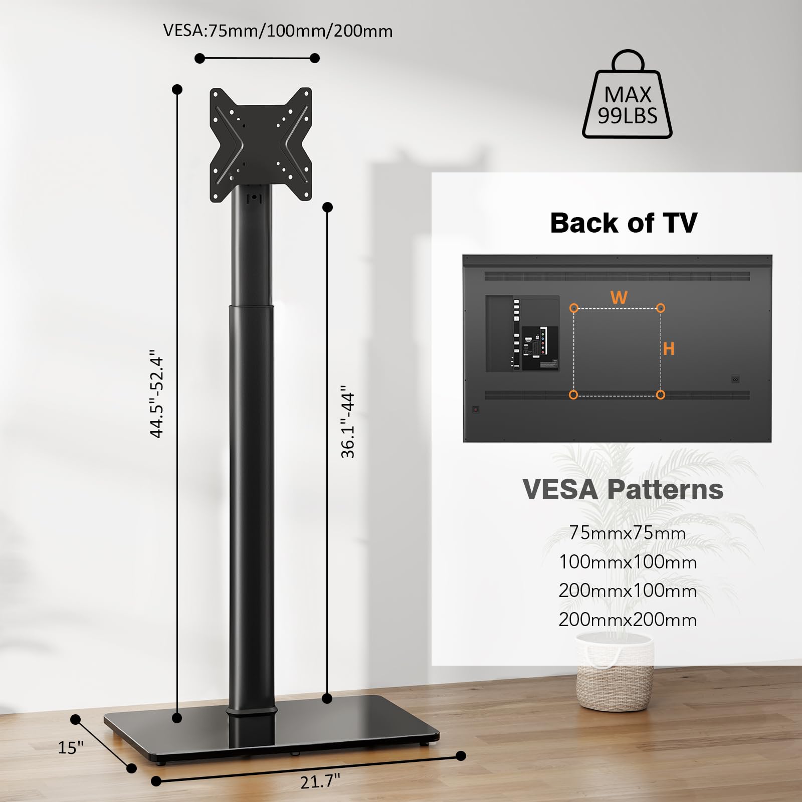 Universal TV Stand Monitor with Mount 100 Degree Swivel Height Adjustable and Tilt Function for 19 to 43 inch LCD, LED OLED TVs,Space Saving Standing Bedroom Living Room Corner,Black