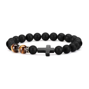 byson fashion religion cross men women 8mm natural stone tiger eye & black matte agate beads bracelet elastic bracelet bangle