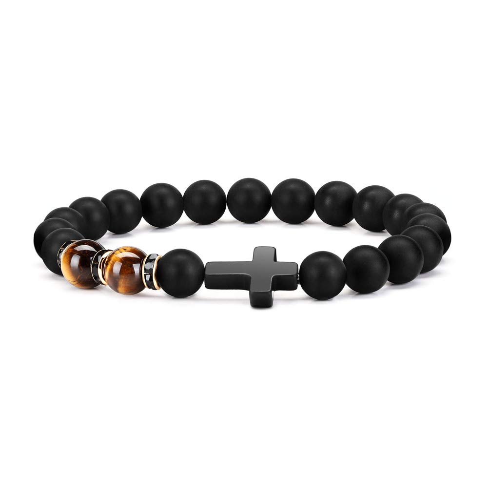 Byson Fashion Religion Cross Men Women 8mm Natural Stone Tiger Eye & Black Matte Agate Beads Bracelet Elastic Bracelet Bangle