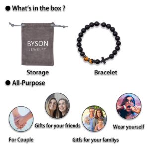 Byson Fashion Religion Cross Men Women 8mm Natural Stone Tiger Eye & Black Matte Agate Beads Bracelet Elastic Bracelet Bangle